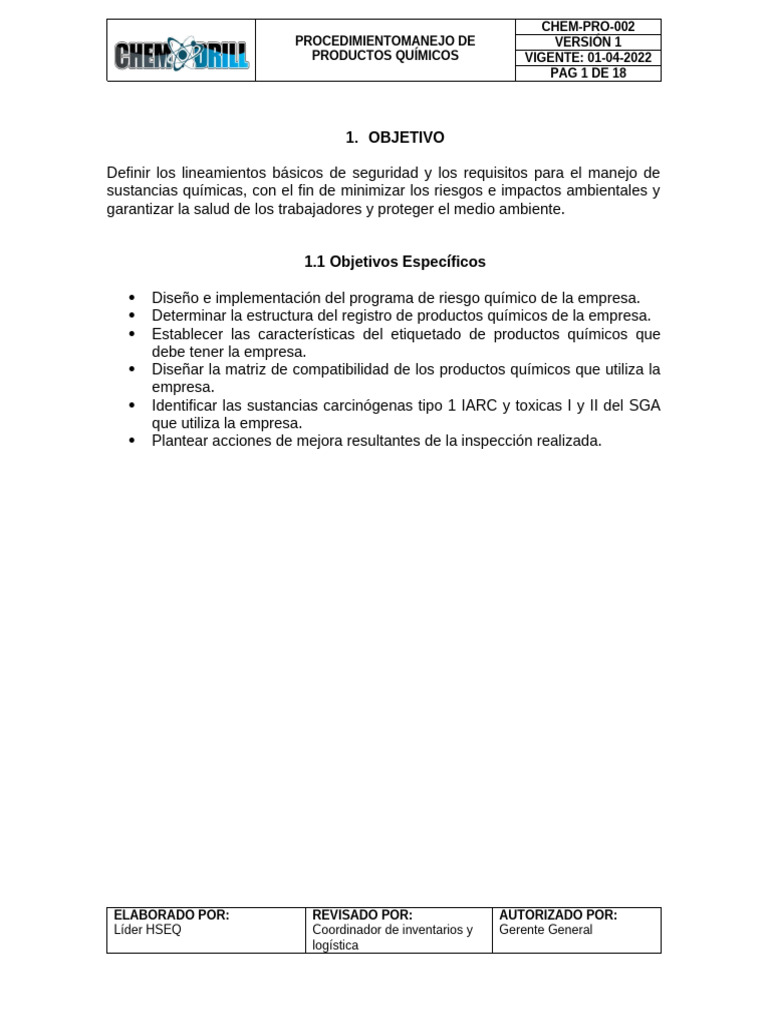 Chem-Pro-002 Procedimiento para Manipulación de Productos Quimicos V1 | PDF | Logística ...