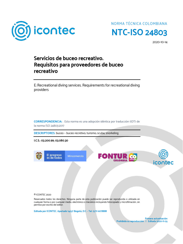 NTC Iso 24803 2020 Servicios de Buceo Recreativo Requisitos para Proveedores de Buceo Recreativo ...
