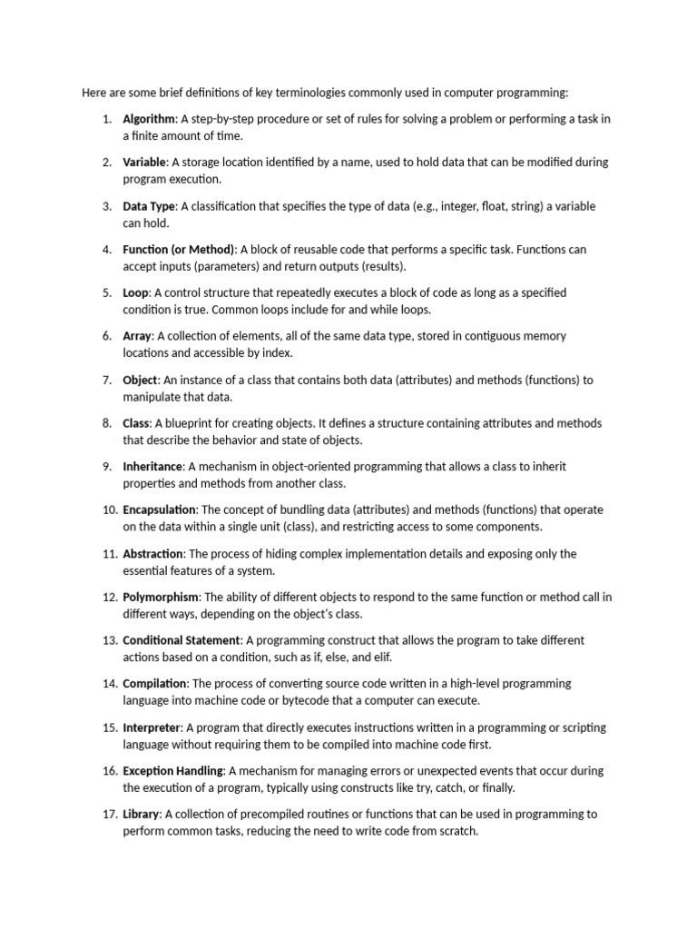 Here Are Some Brief Definitions of Key Terminologies Commonly Used in Computer Programming | PDF ...