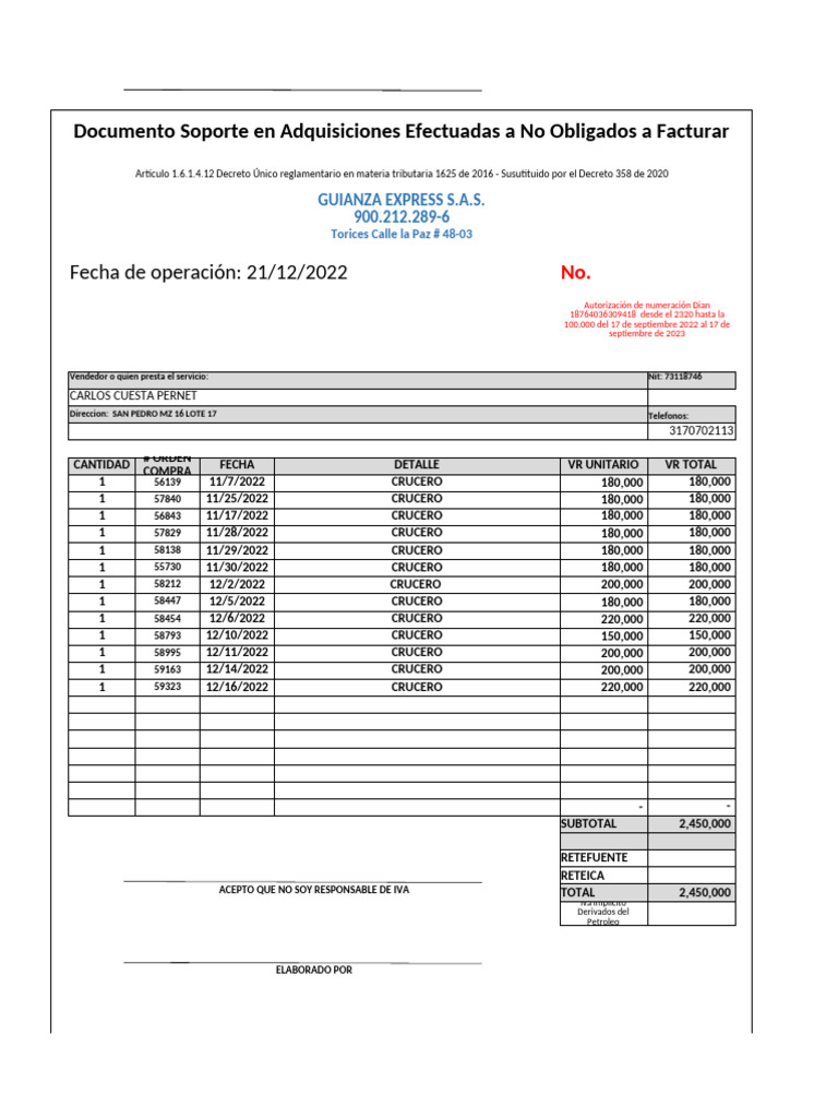 Cuenta de Cobro Carlos Cuesta Actualizada de Guianza Express | PDF