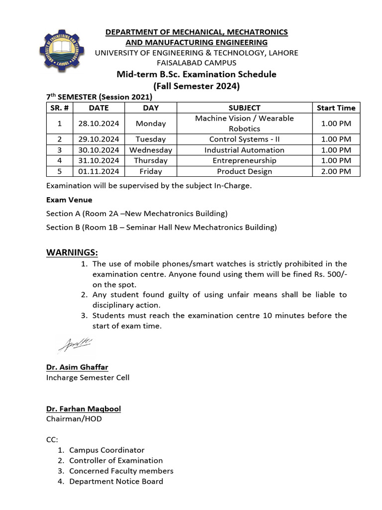 Mid Term Exam Date Sheet Fall 2024 | PDF | Academic Term | Engineering
