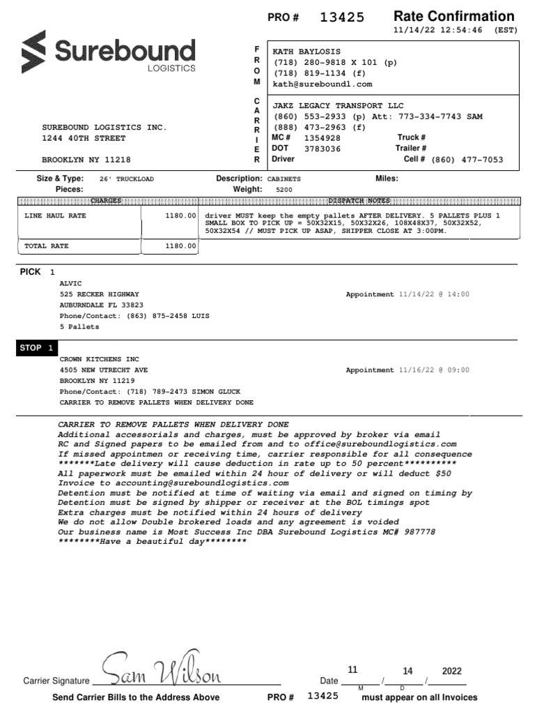 Rate Con (FL-NY) | PDF | Vehicles | Commercial Vehicles