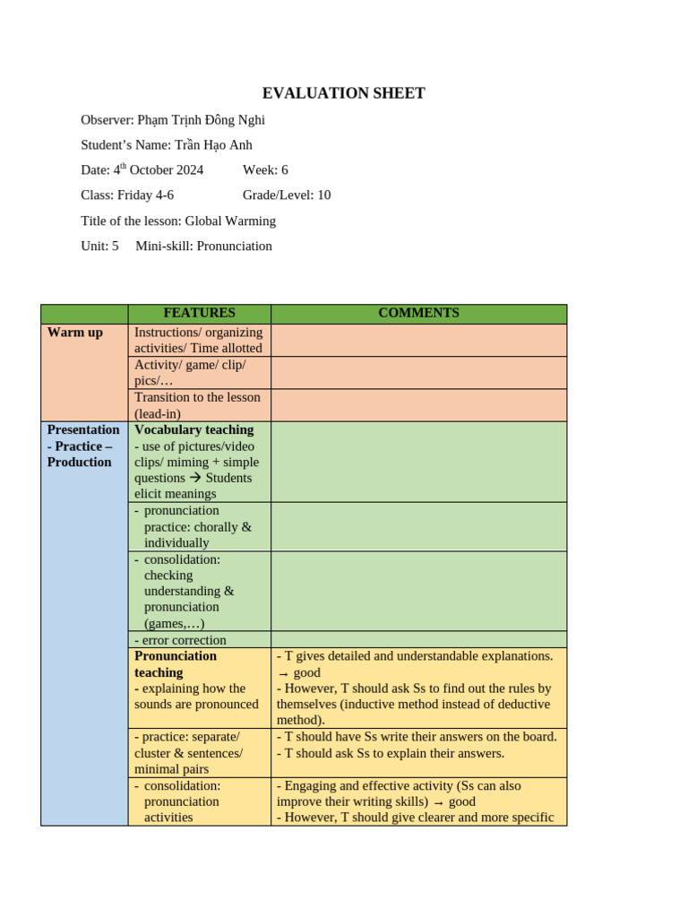 EVALUATION SHEET | PDF | Behavior Modification | Cognitive Science