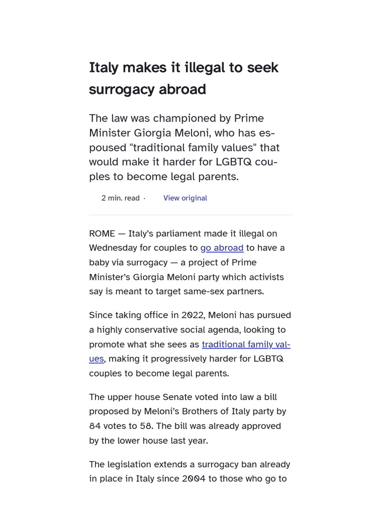Italy Bans Surrogacy Abroad for Couples | PDF | Bill (Law) | Government