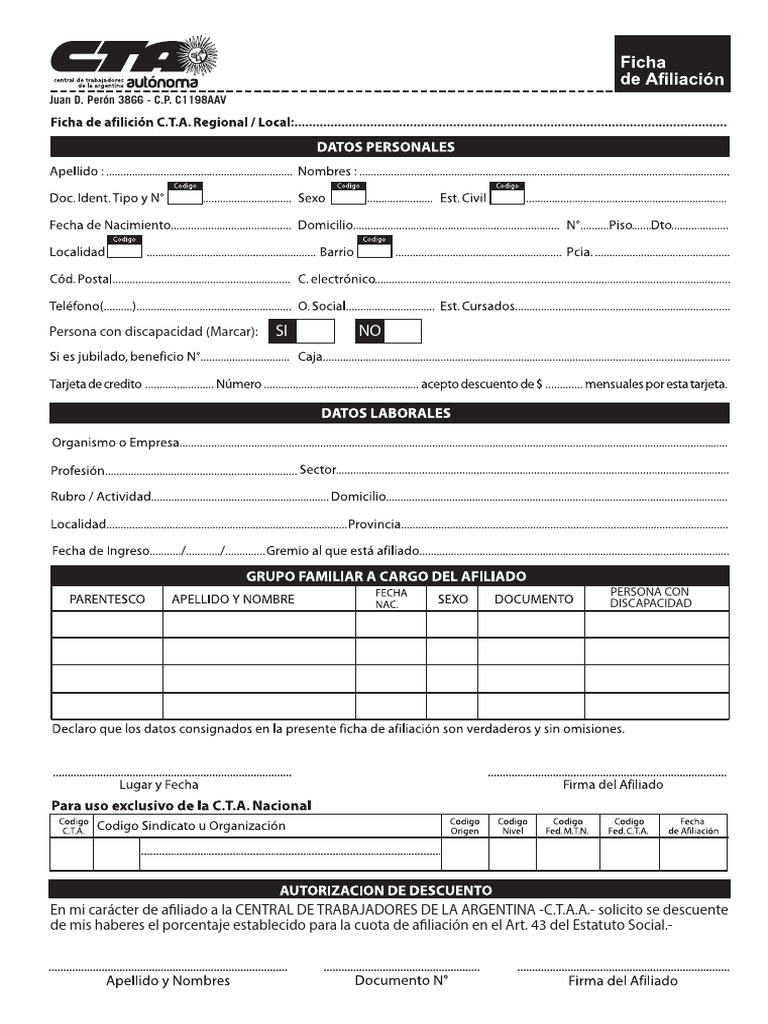 Ficha Afiliaciacion CTAA - CTA Autónoma de La Provincia de Buenos Aires | PDF