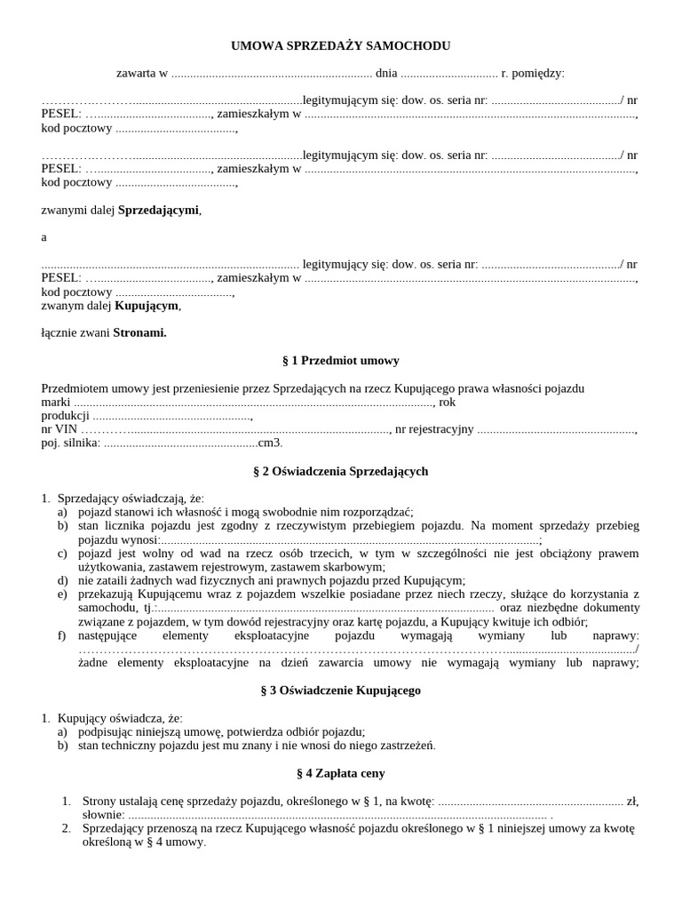 Umowa Kupna Sprzedazy OTOMOTO Wspolwlasciciele | PDF