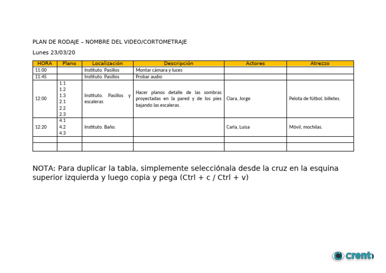 Plan de Rodaje: Instituto 23/03/20 | PDF