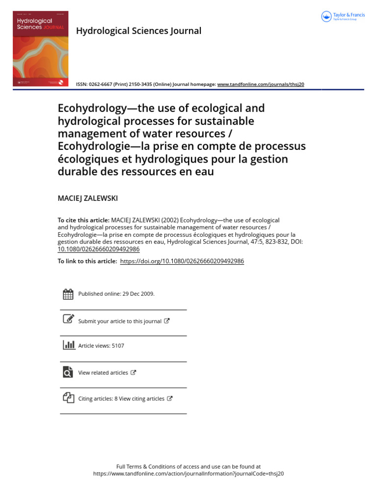 Ecohydrology The Use of Ecological and Hydrological Processes For Sustainable Management of ...