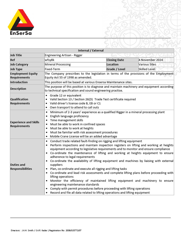 Artisan Rigger Vacancy at Ensersa | PDF