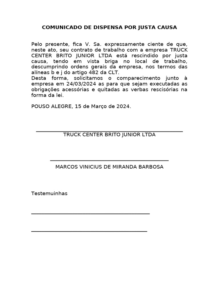 Comunicado de Dispensa Por Justa Causa | PDF