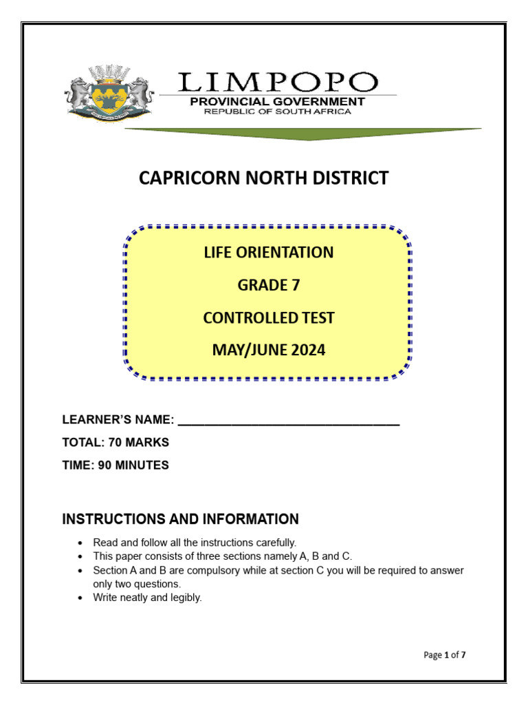 Grade 7 Life Orientation June Test 2024 | PDF | Bullying | Behavioural ...