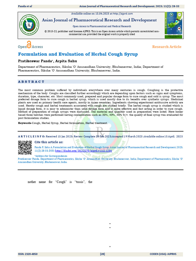 Formulation and Evaluation of Herbal Cough Syrup | PDF | Cough ...