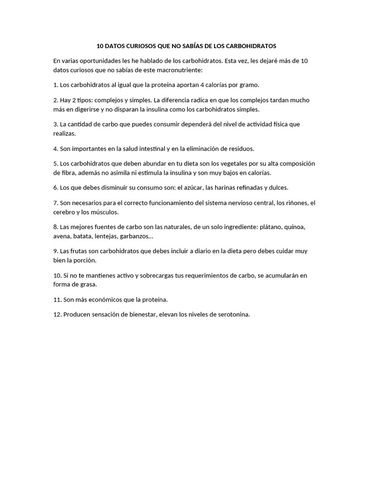 10 Datos Curiosos Que No Sabías de Los Carbohidratos | PDF 10 Datos Curiosos Que No Sabías de Los Carbohidratos | PDF