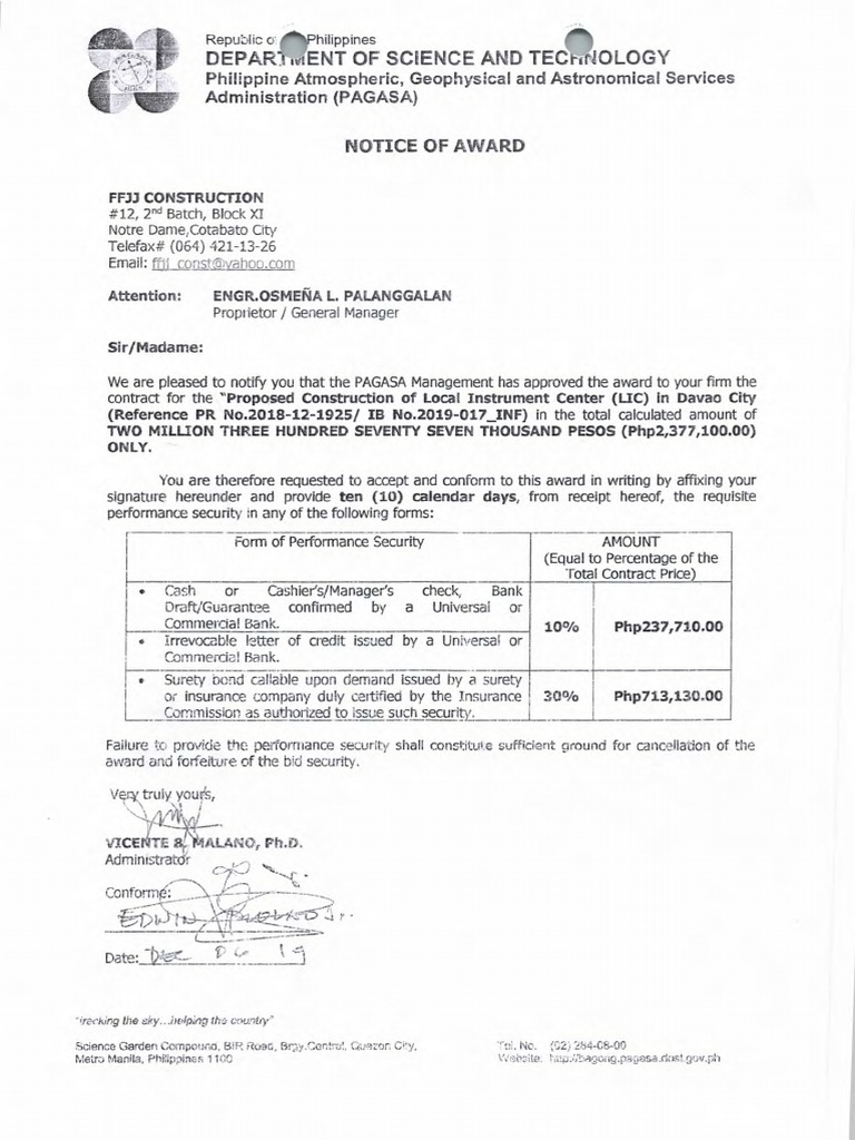 NOA,BR,NTP& CONTRACT_FFJJ CONSTRUCTION_LIC DAVAO | PDF