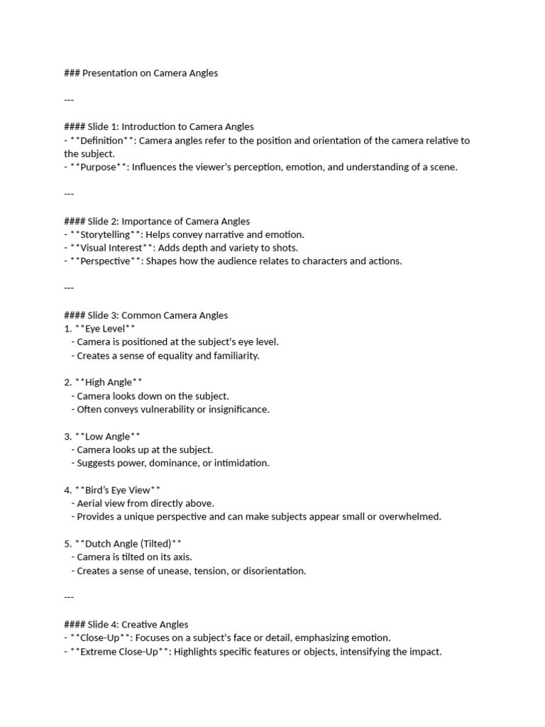 Presentation On Camera Angles | PDF
