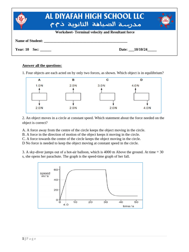 Terminal Velocity and RF Worksheet | PDF | Force | Acceleration