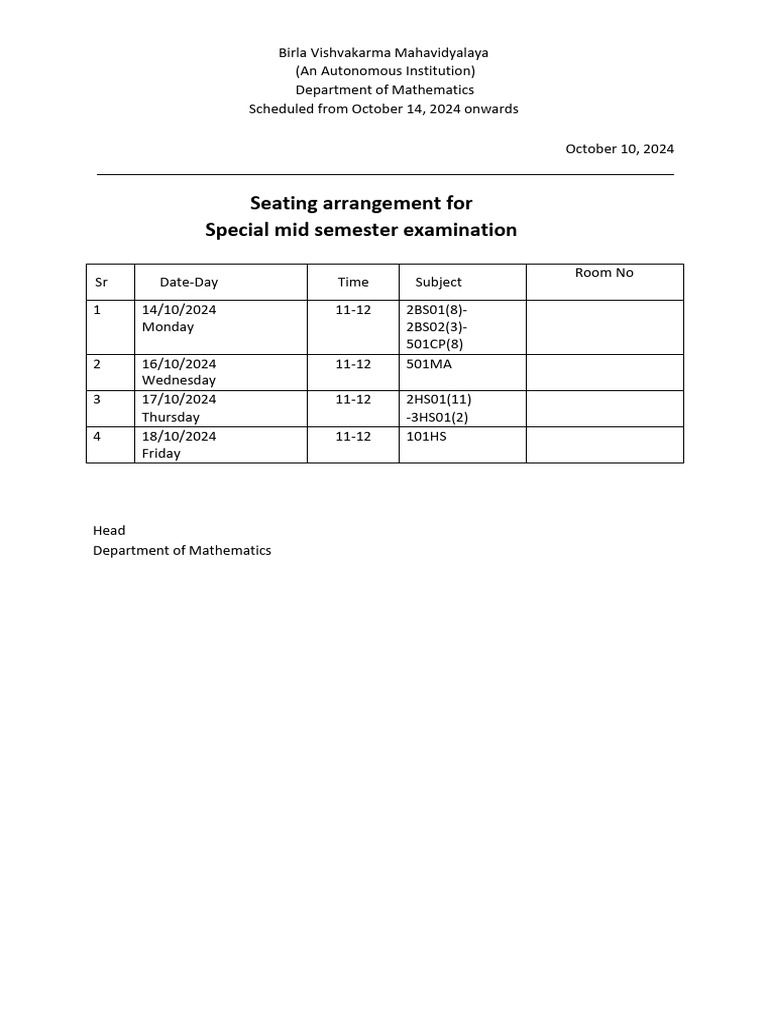 SEating Arrangment October 2024 Special Mid Semester Exam | PDF