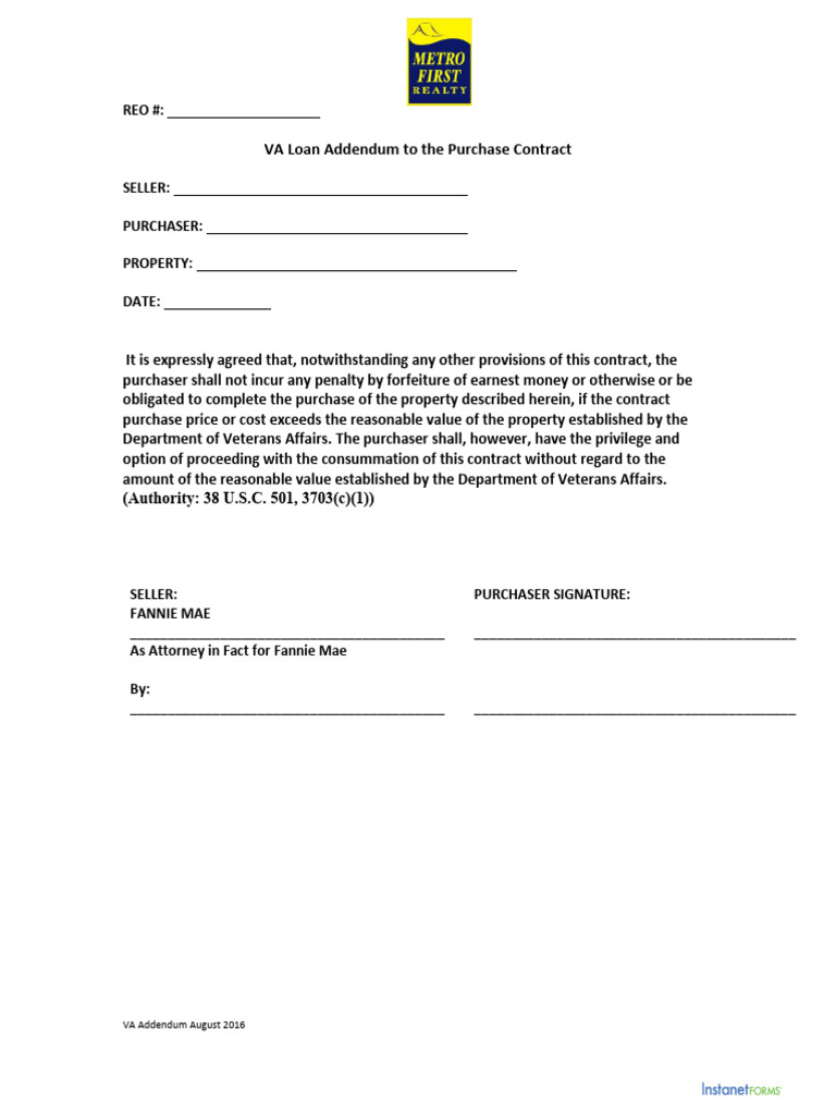 VA Loan Addendum for Purchase Contract | PDF | Finance & Money ...