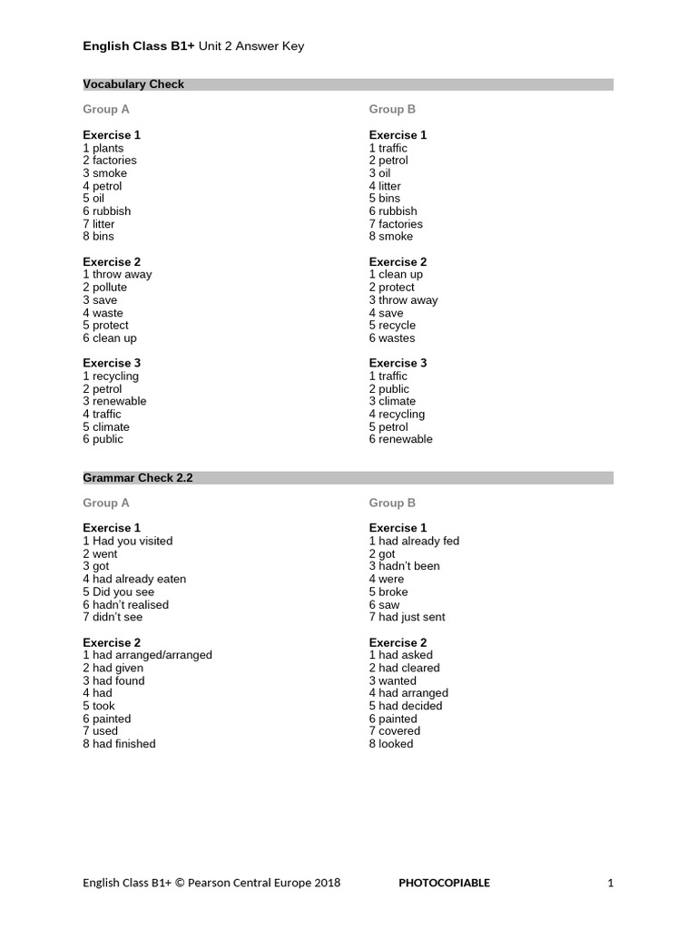 B1+ Unit 2 Answer Key Overview | PDF