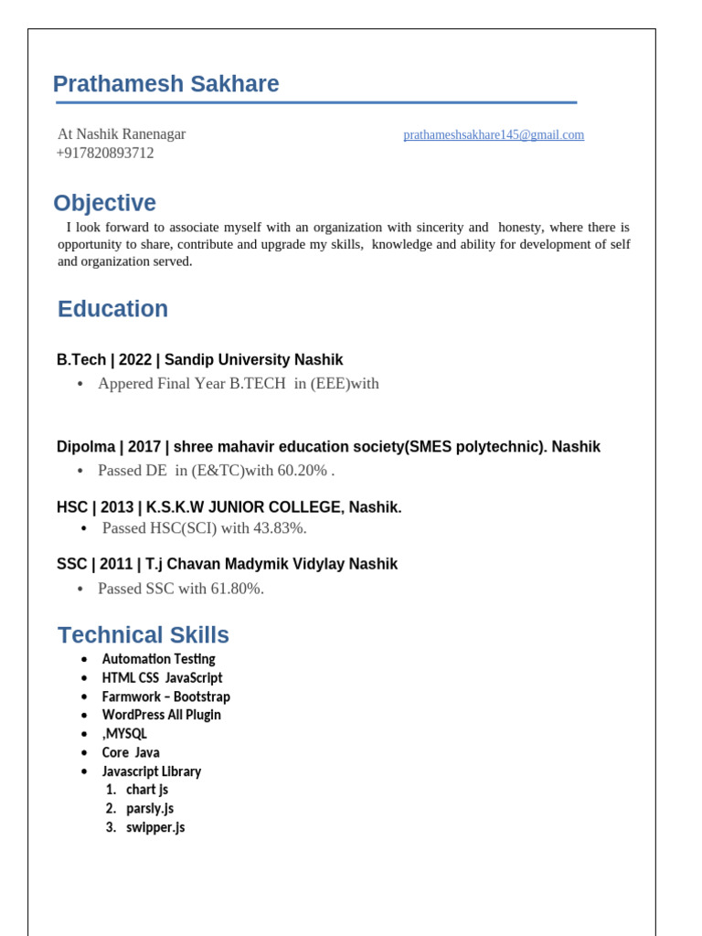 Prathamesh Sakhare: at Nashik Ranenagar +917820893712 | PDF | Business | Computers