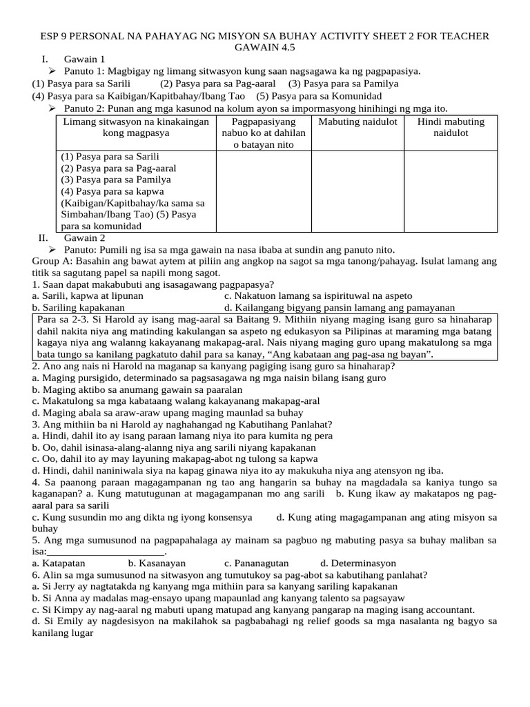 ESP 9 Personal Na Pahayag NG Misyon Sa Buhay As 2 For Students | PDF
