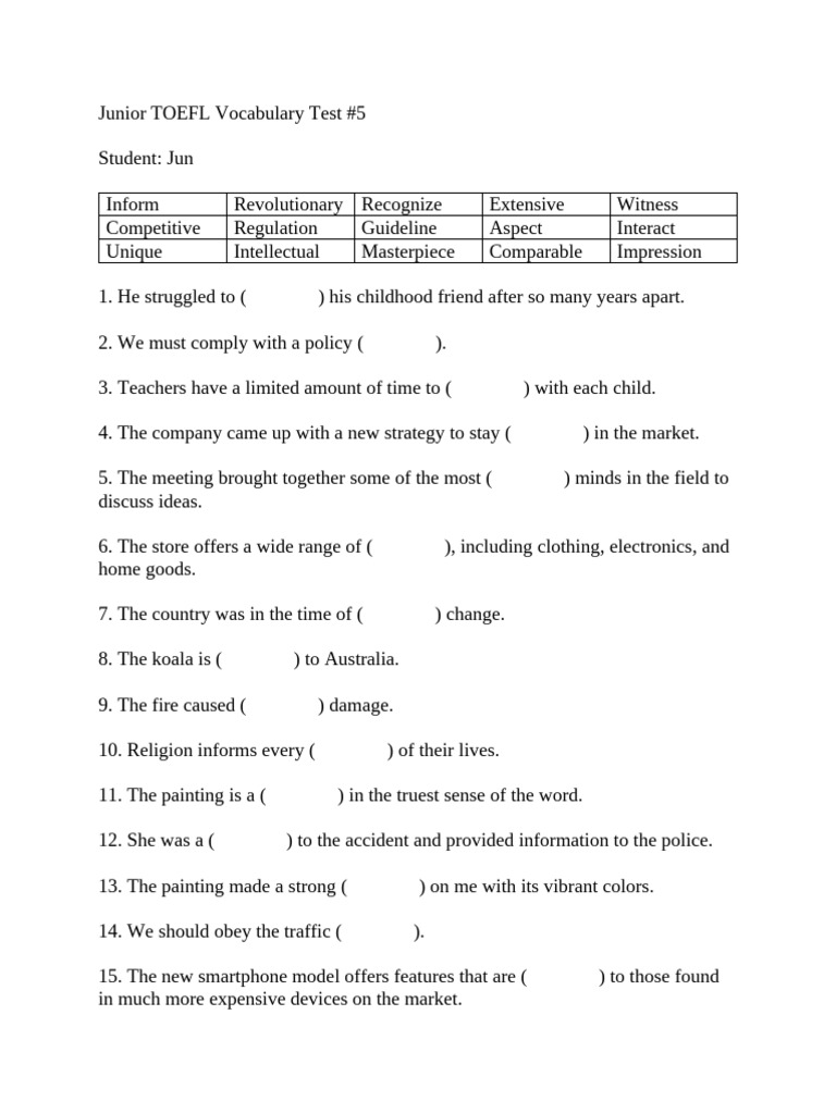 Junior TOEFL Vocabulary Test #5 | PDF | Language Arts & Discipline