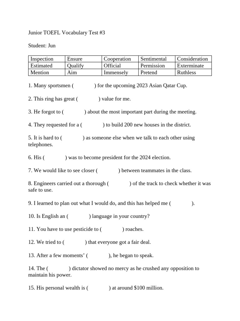 Junior TOEFL Vocabulary Test #3 | PDF