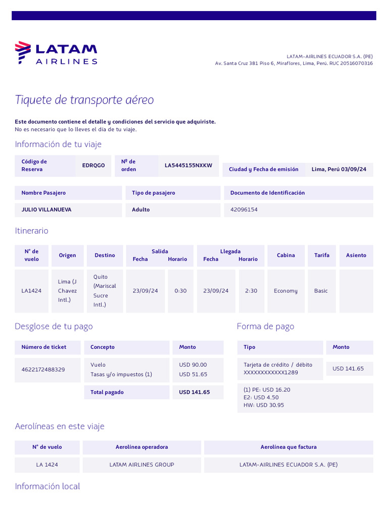 Comprobante-LATAM-LA5445155NXKW | PDF | aerolíneas | Aviación