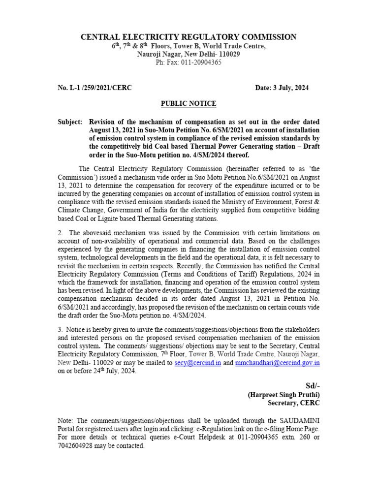 CERC-2024-07-03-Draft Order in 4-SM-2024-revision of Mechanism of FGD Compensation-Public Notice ...