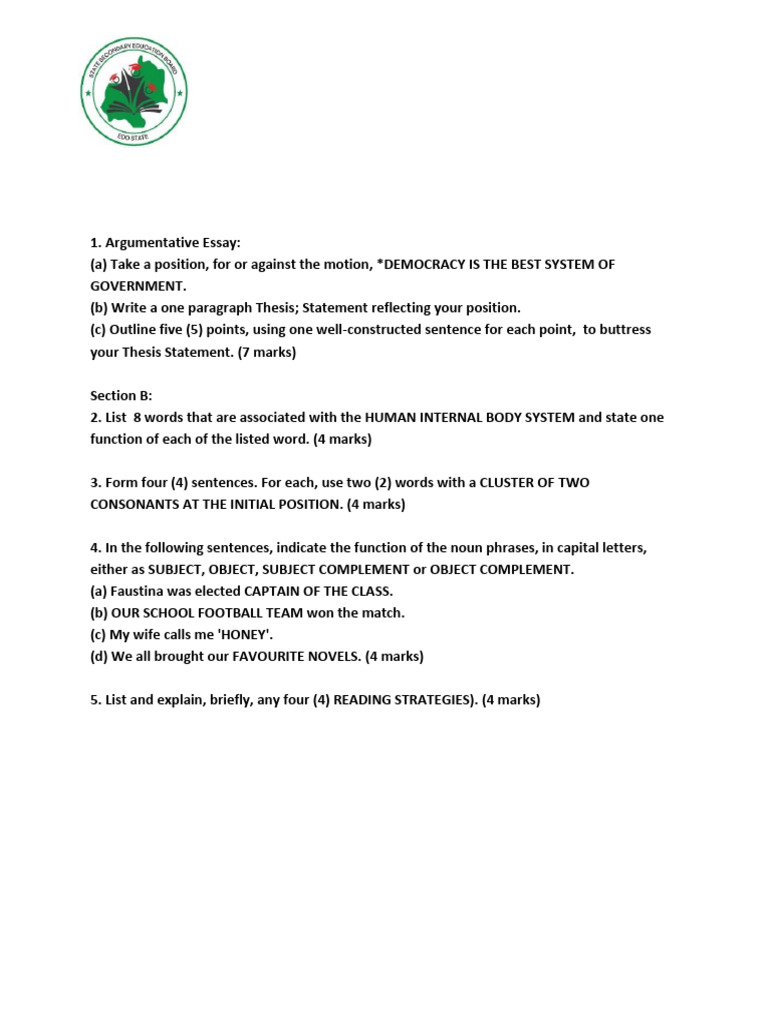 English Language Ss 2 1st CA Test 1st Term | PDF