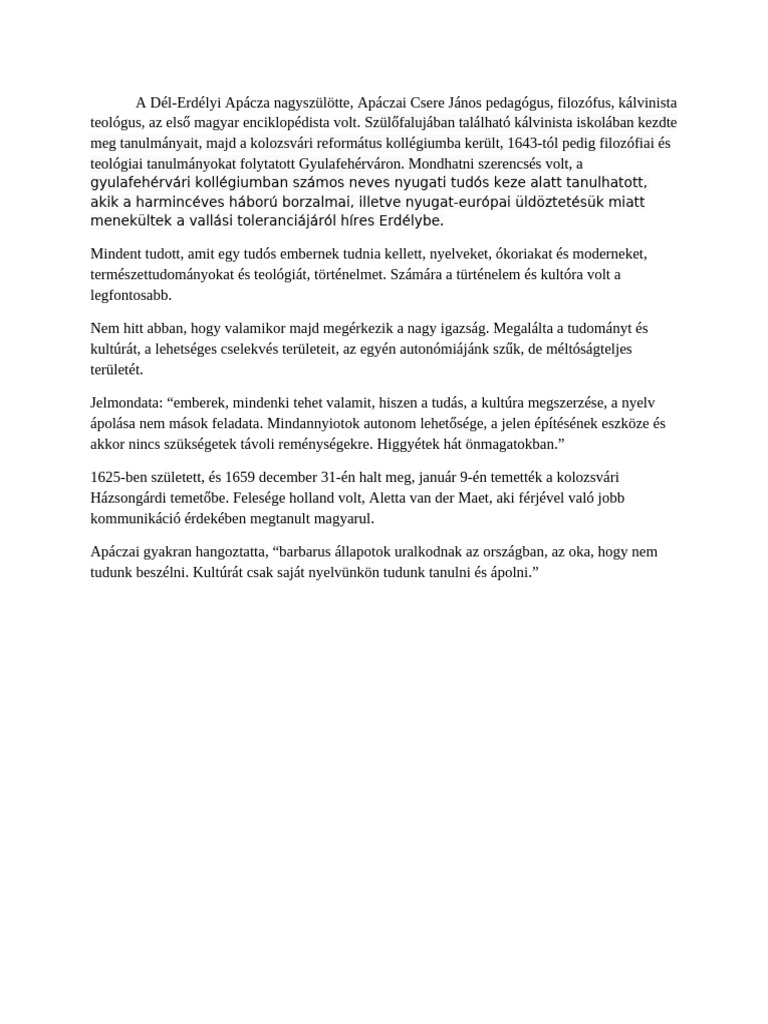 Apáczai Csere Jánosról - Röviden | PDF