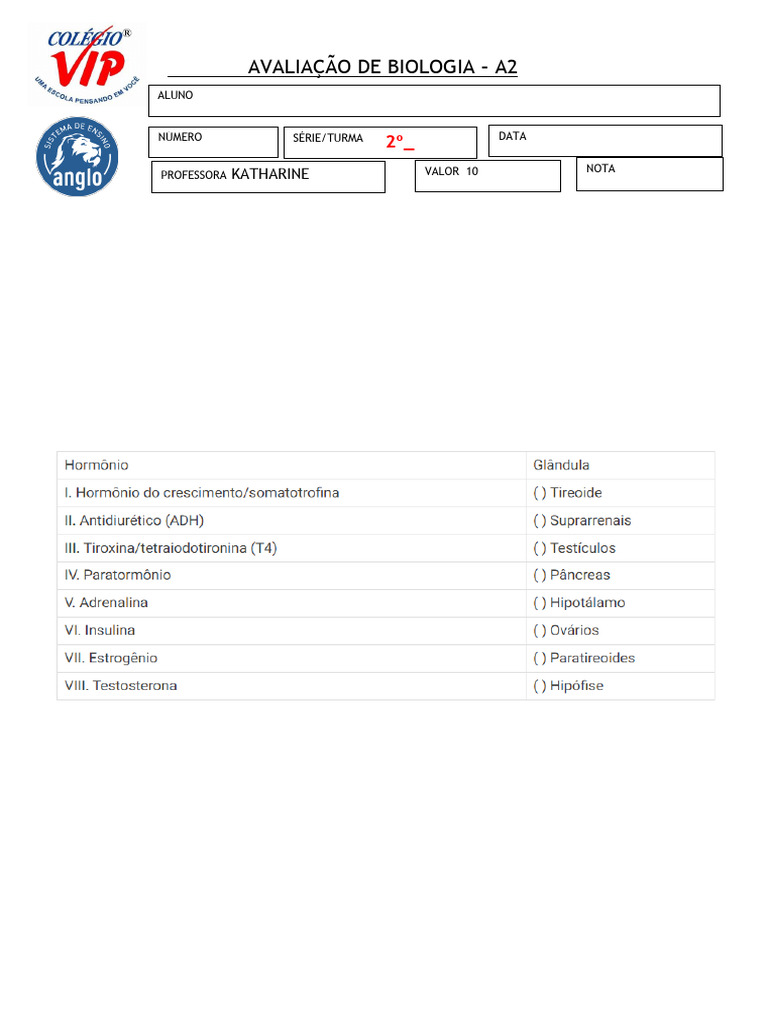 Prova 4 - 2º A e B - Biologia B | PDF | Hormônio luteinizante | Tipo sanguíneo