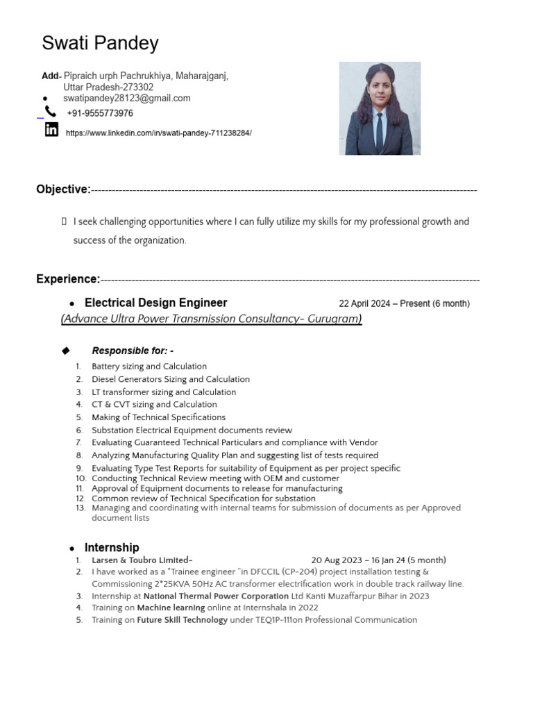 Swati Pandey's CV - 21 Oct 24 | PDF | Electrical Engineering | Electricity