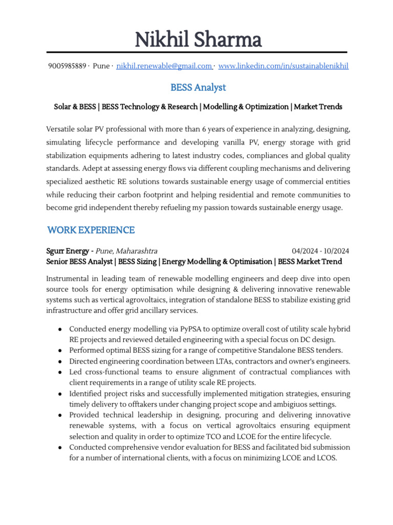 Nikhil_Resume - BESS | PDF | Solar Power | Electrical Grid