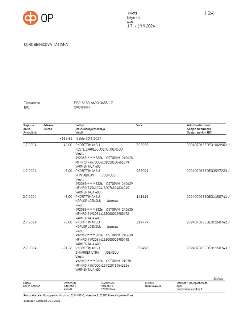 Käyttötili 1.7. - 19.9.2024 1 (24) : Tiliote | PDF