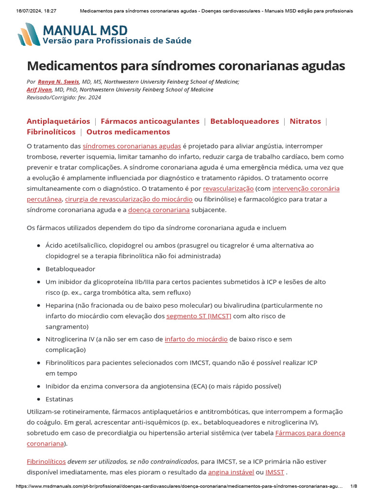 Medicamentos para Síndromes Coronarianas Agudas - Manuais MSD | PDF ...