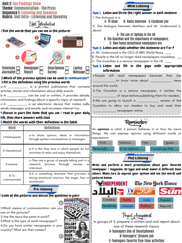 Unit Intro Listening and Speaking Worksheet 2 | PDF | Newspapers | News