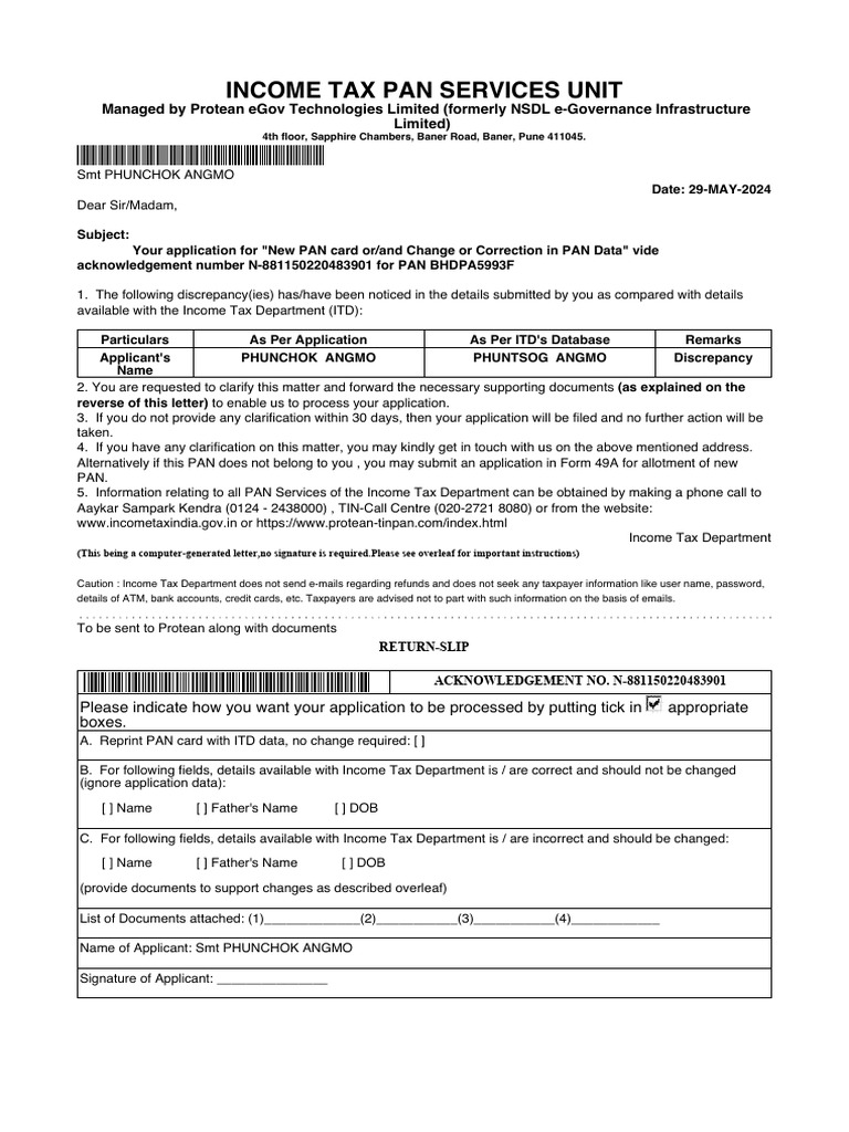 PAN Card Application Discrepancy Notice | PDF | Identity Document ...