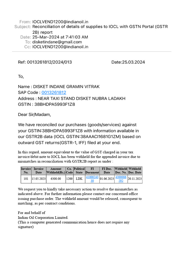 Reconciliation of Details of Supplies To IOCL With GSTN Portal (GSTR 2B ...