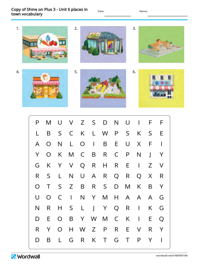Shine On Plus 3 Unit 6 Places in Town Vocabulary Wordsearch | PDF