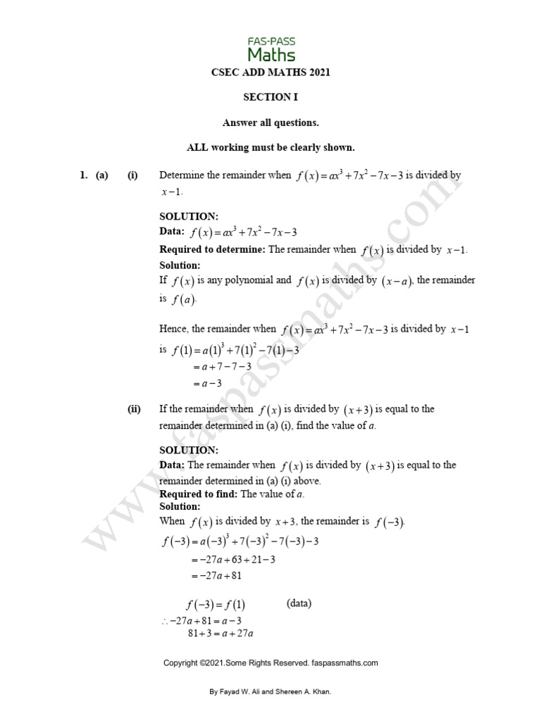 CSEC Add Maths 2021 May Past Paper Solutions | PDF | Mathematics | Mathematical Analysis
