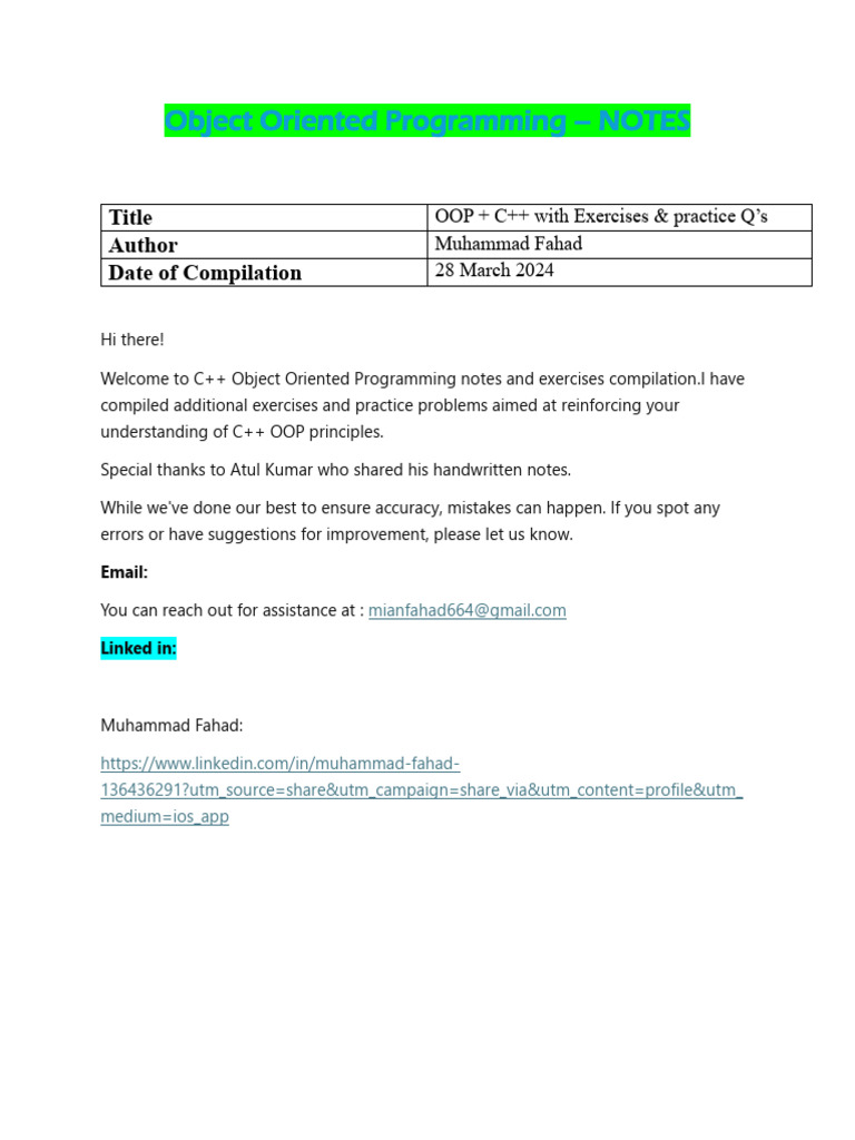 OOP Notes by M Fahad 01 | PDF | Computers