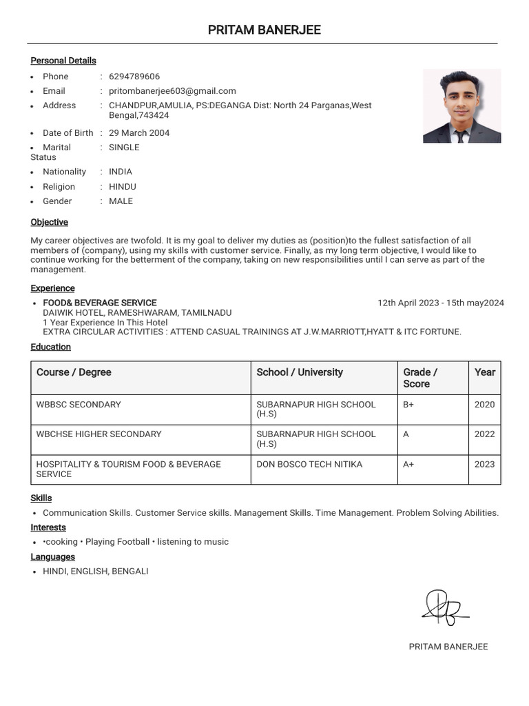 Pritam Banerjee's Resume: Hospitality & F&B Experience | PDF