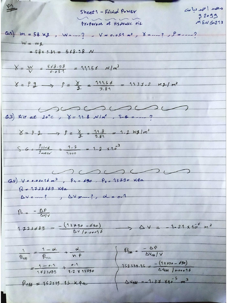 Fluid Power - Sheet.1 Prop. of Hydraulic Oil - MAA | PDF