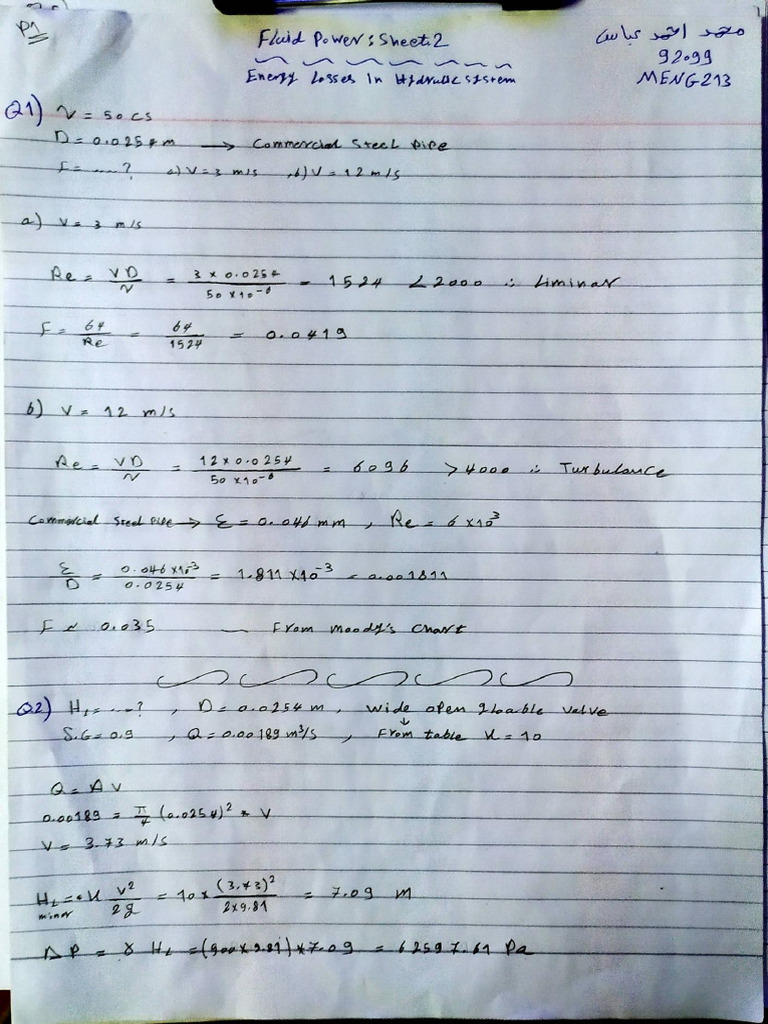 Fluid Power - Sheet.2 Energy Losses in Hydraulic System - MAA | PDF