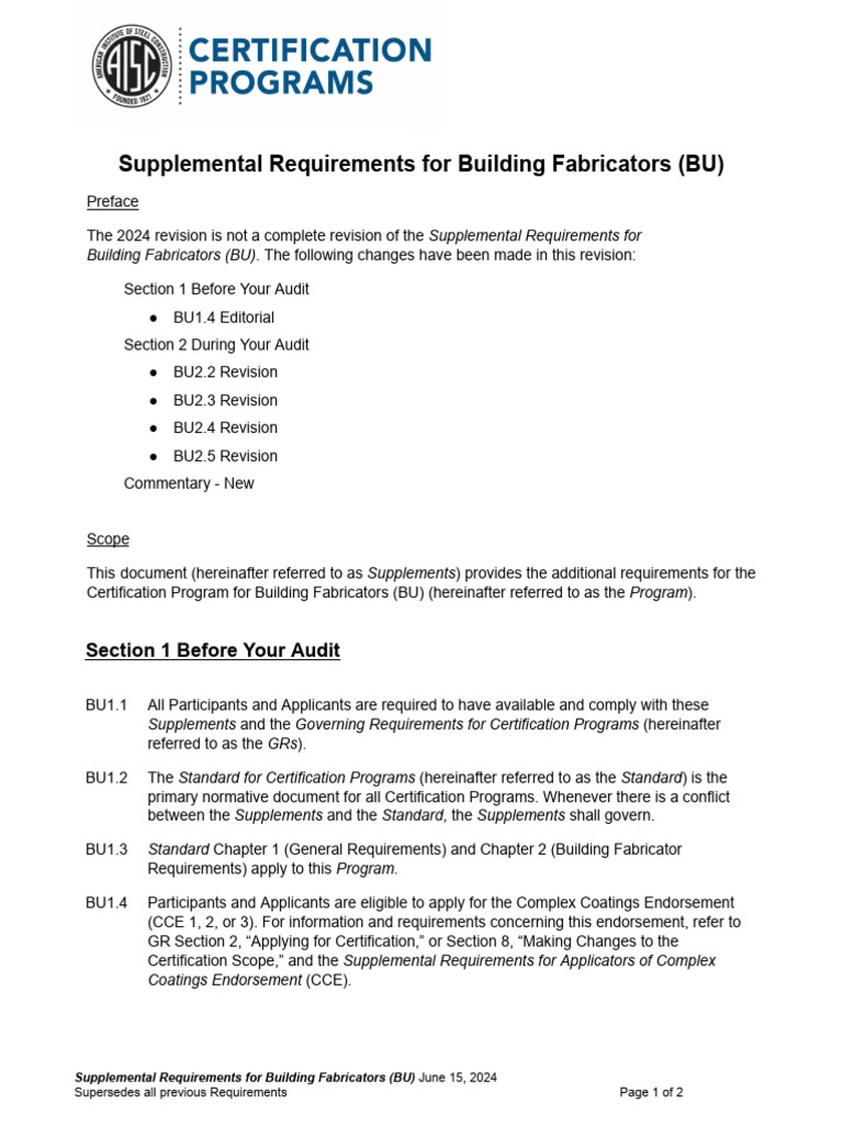 11 AISC Supplemental Requirements For Building Fabricators 2024 | PDF | Audit