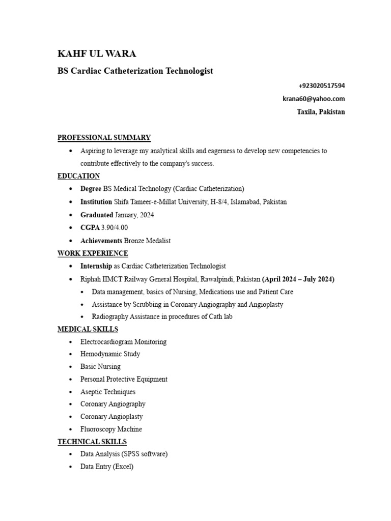 Resume by Kahf Ul Wara Latest | PDF | Medical Specialties | Cardiology