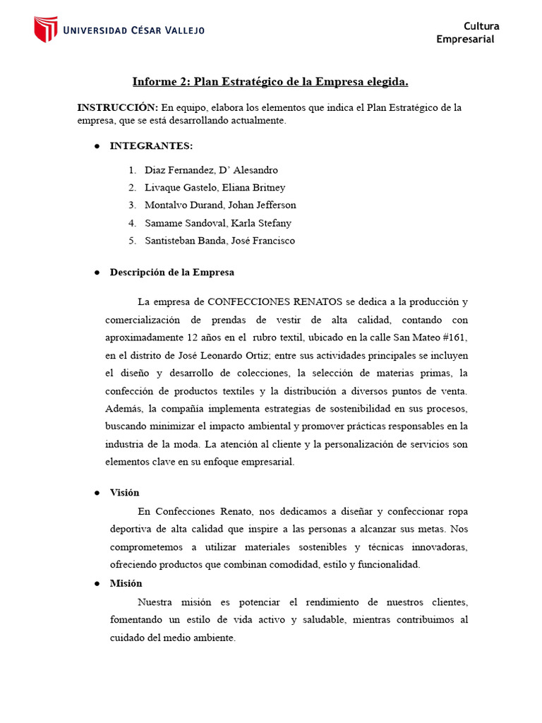 Plan Estratégico de Confecciones Renatos | PDF | Calidad (comercial ...