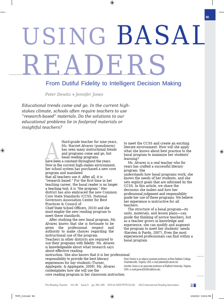 Using Basal Readers Dewitz RT | PDF | Reading Comprehension | Reading (Process)