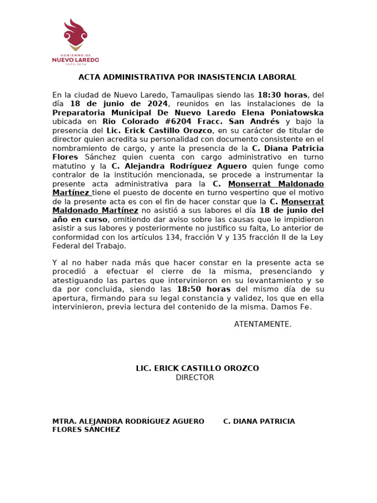 Acta Administrativa Inasistencia | PDF